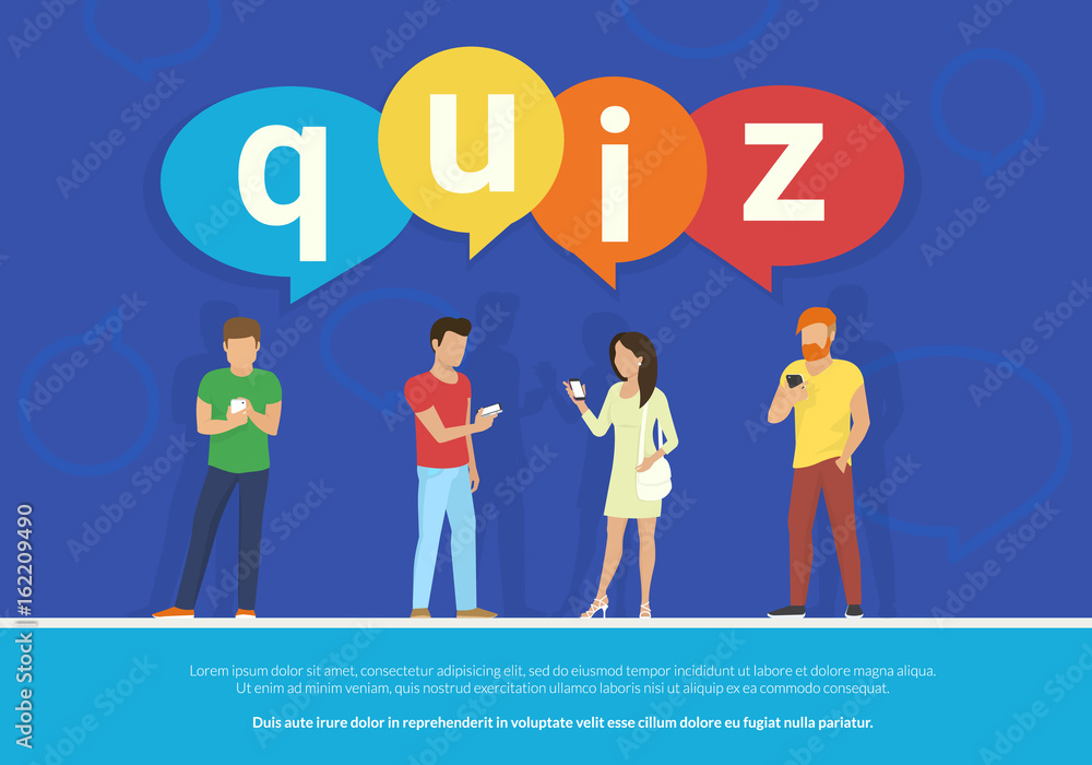 Quiz flat concept vector illustration of young people using mobile ...
