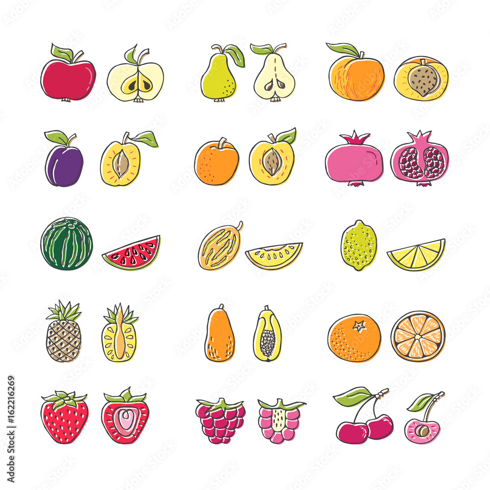Fruit hand drawn icon set in flat style Stock Vector | Adobe Stock