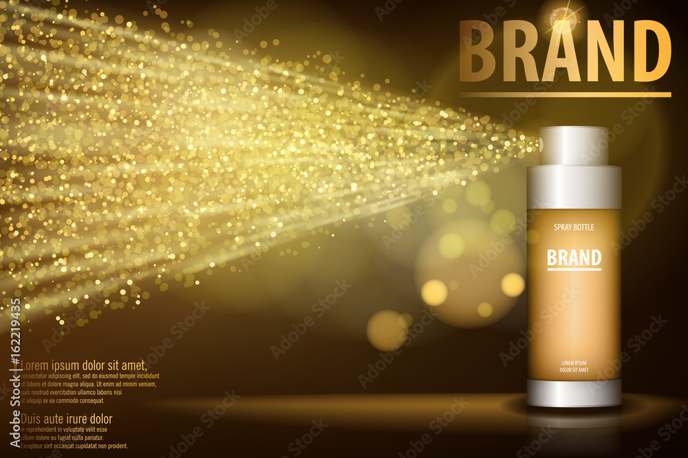 Gold spray bottle isolated on black background for your design ...