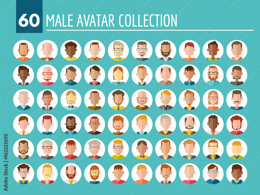Collection of 60 different male avatars in flat design. Diverse type of ...