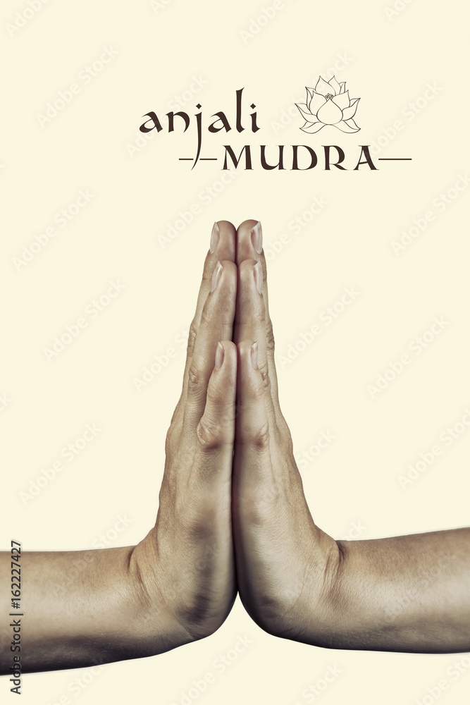 Anjali mudra. Yogic hand gesture. Isolated on toned background. Stock ...