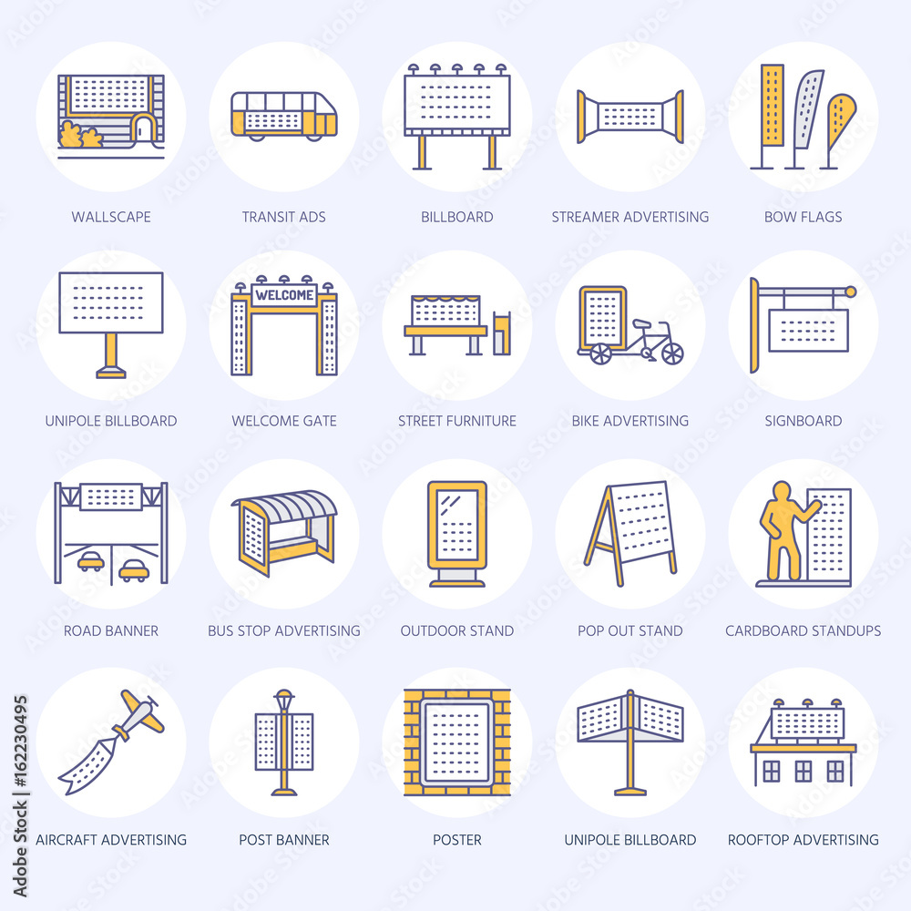 Outdoor advertising, commercial and marketing flat line icons ...
