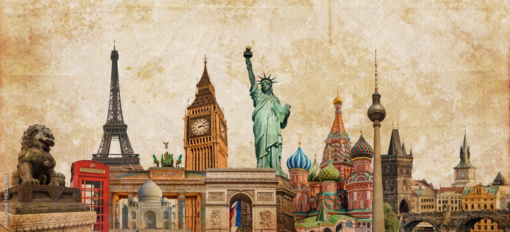 World landmarks and cities skyline photo collage on sepia textured ...
