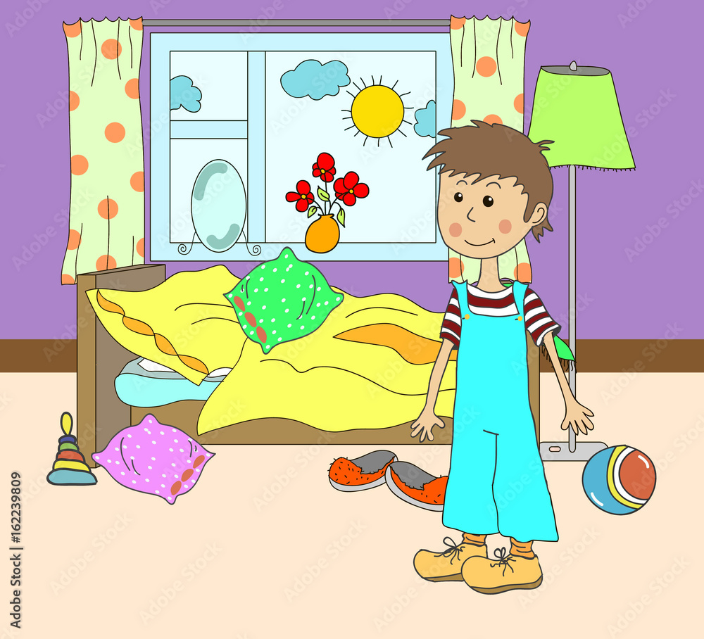 Illustration for children, cartoon. A little boy is standing beside the ...