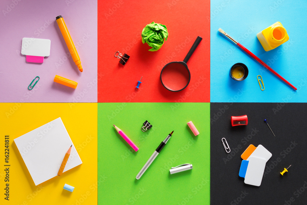 school supplies at abstract colorful background Stock Photo | Adobe Stock