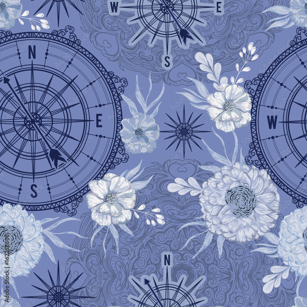 Seamless pattern with vintage compass, wind rose and floral elements in ...