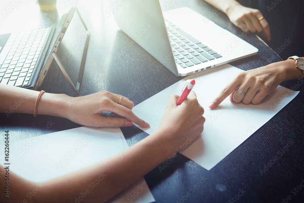 teamwork business woman planing and working with blank paperwork ...