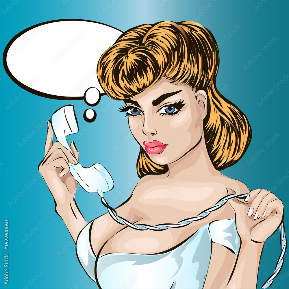 Sexy Pin Up Woman Answers A Phone Call Vector Pop Art Comic Retro