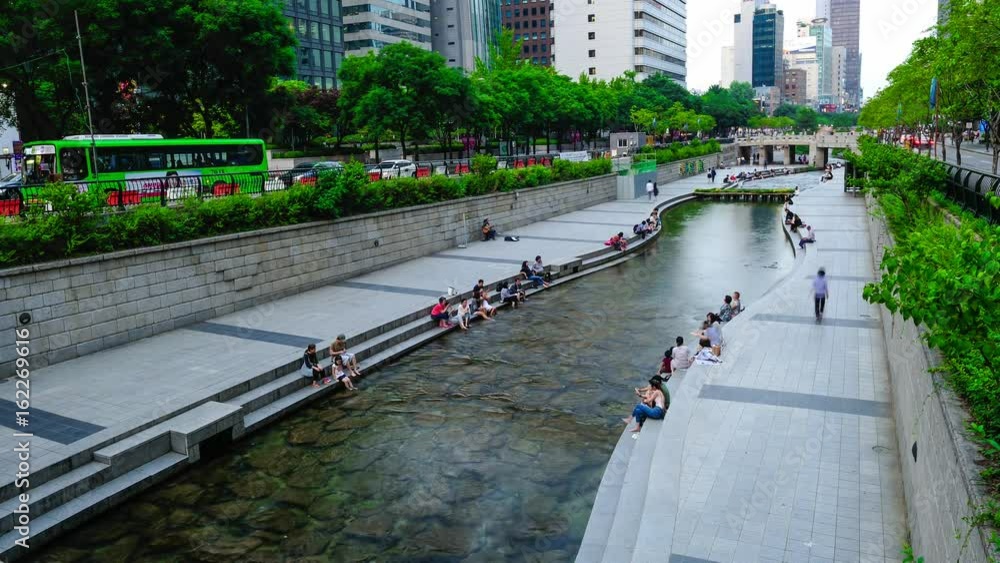 Cheonggyecheon Stream Park in Seoul City, South Korea. 4K Timelapse ...