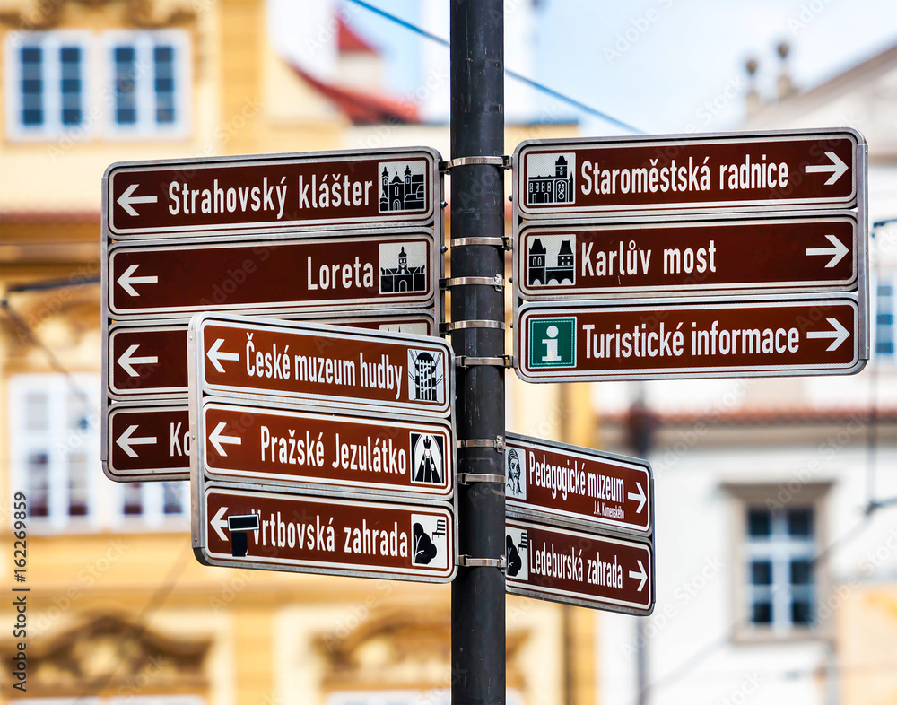Road signs of directions of the main sights of Prague. The historical ...