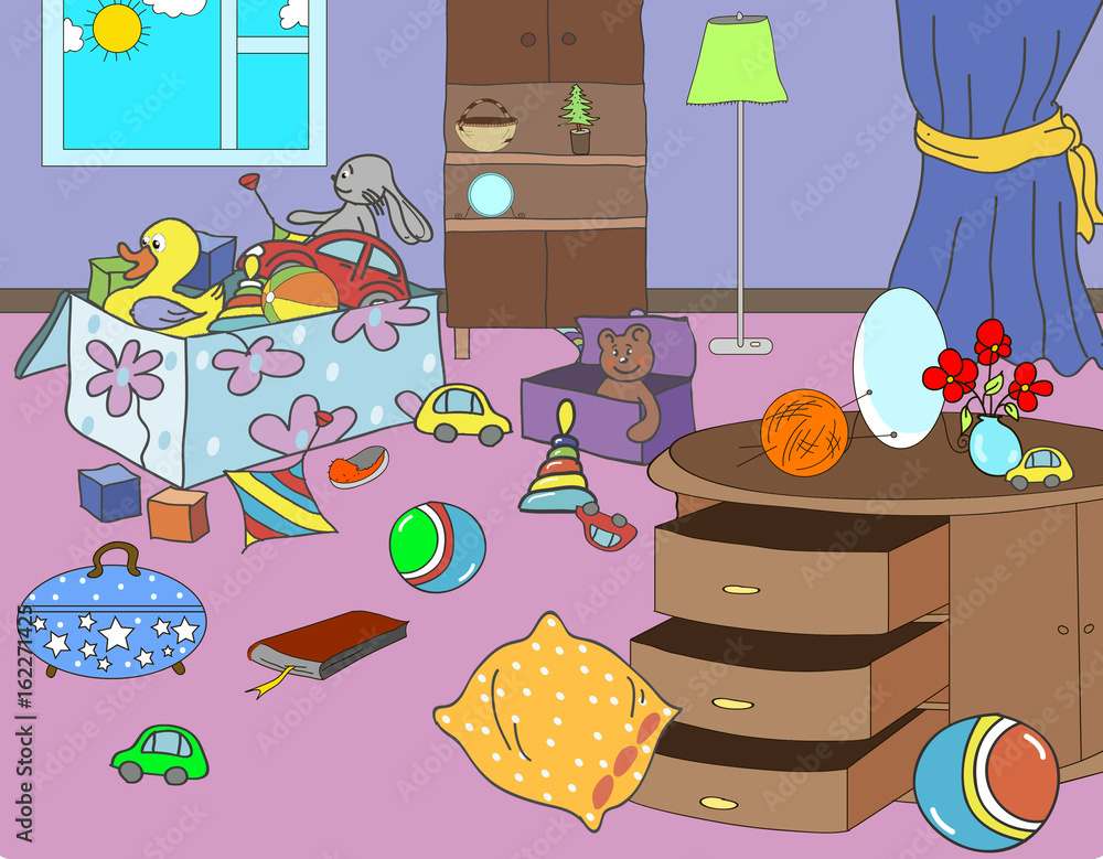 Confusion, dirt in the house, in the children's room, scattered toys ...