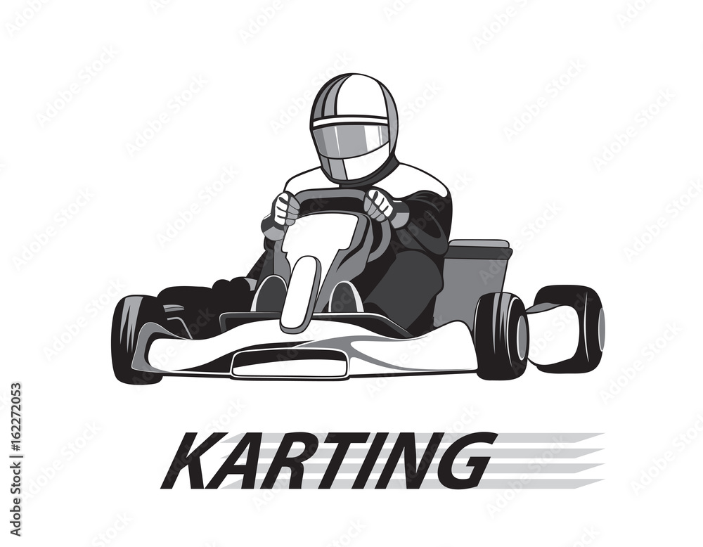 Poster Racer in the kart in black and white color / Karting, Icon ...