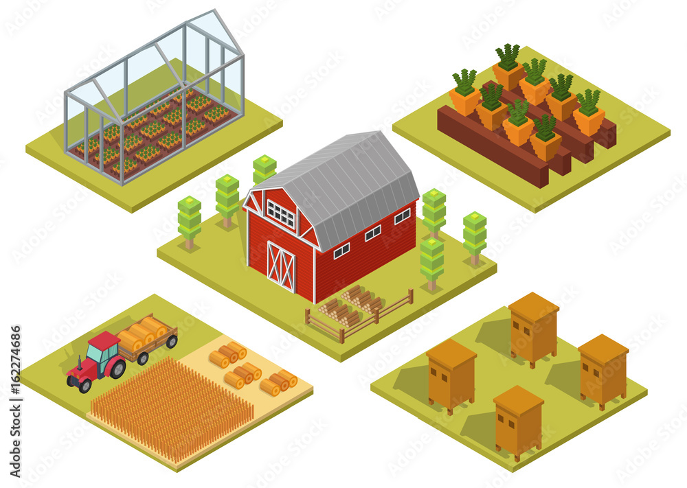 Isometric Big set infographics vector farm elements and ecology cartoon gardening background ...