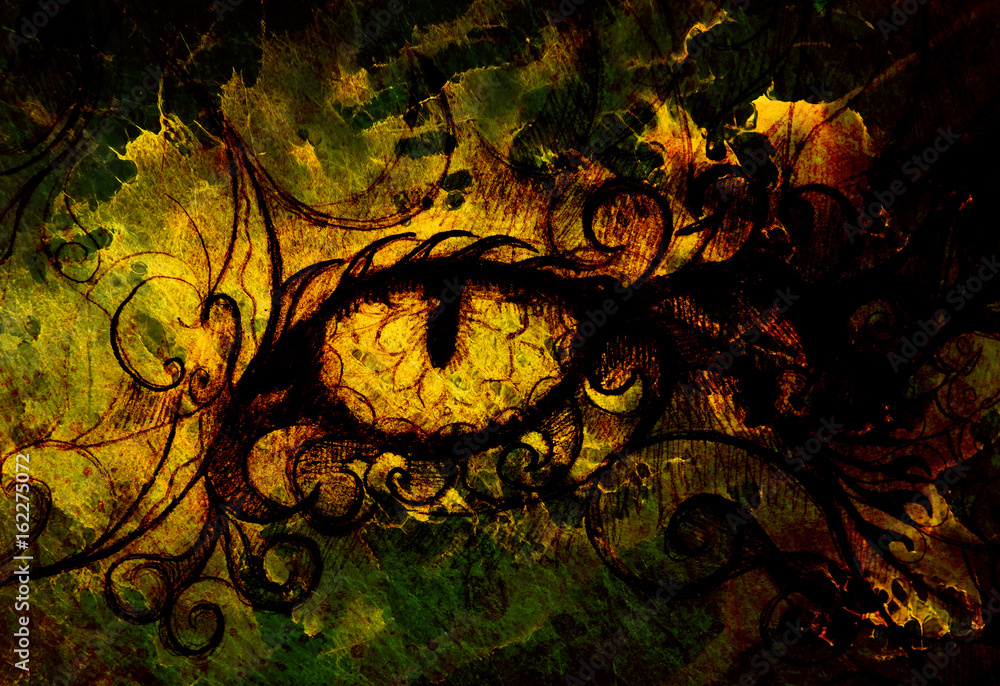 Mystic eye and beautiful ornamental. Drawing on old paper, original ...