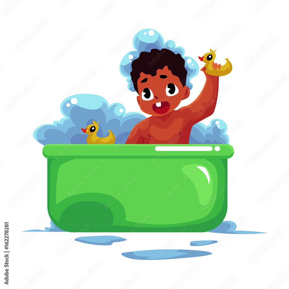 Cute little black, African American baby, infant, child taking bath ...