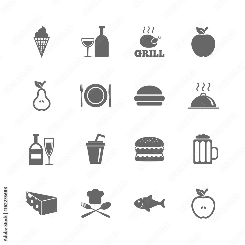 Set of Food and Drinks icons. Restaurant meal, Wine and Cheese signs ...