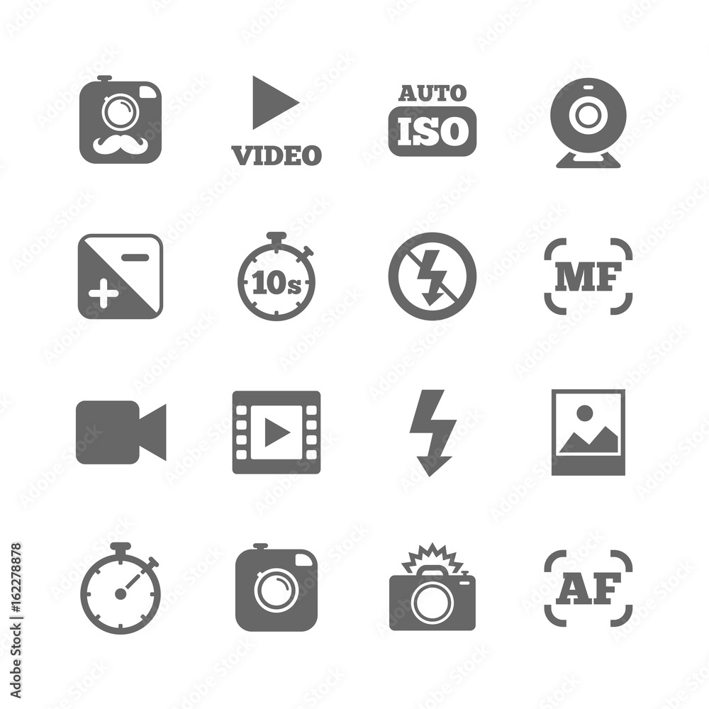 Set of Photo and Video icons. Camera, timer and frame signs. No flash ...