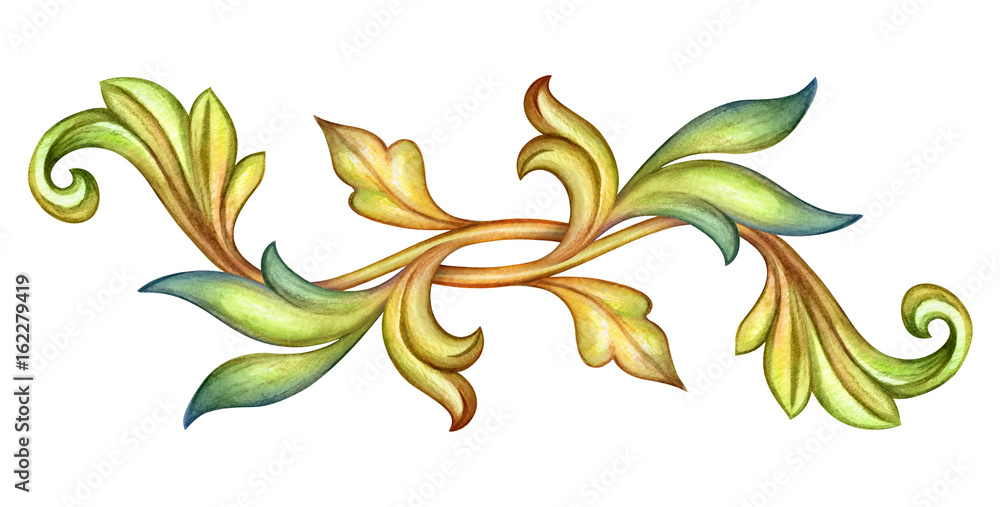watercolor illustration, green leaves, antique border, medieval floral ...
