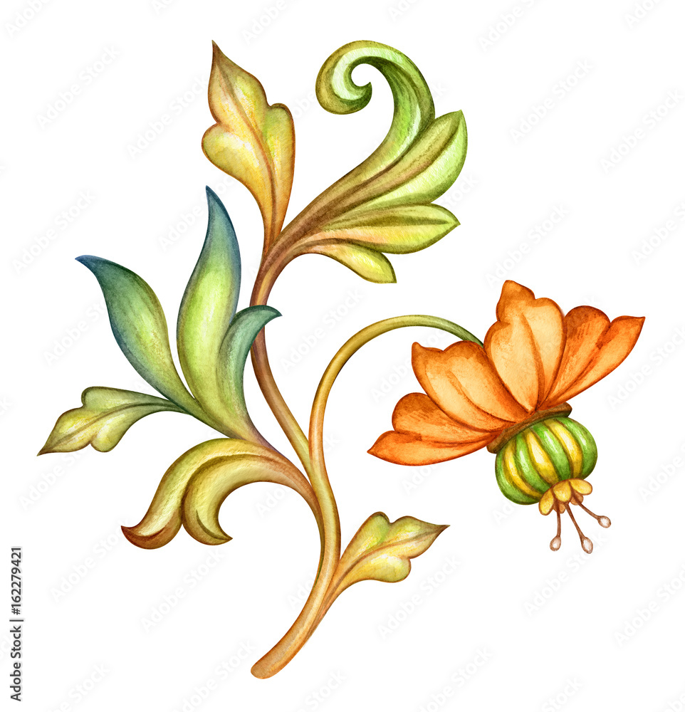 watercolor illustration, colorful flower, green leaves, antique design ...