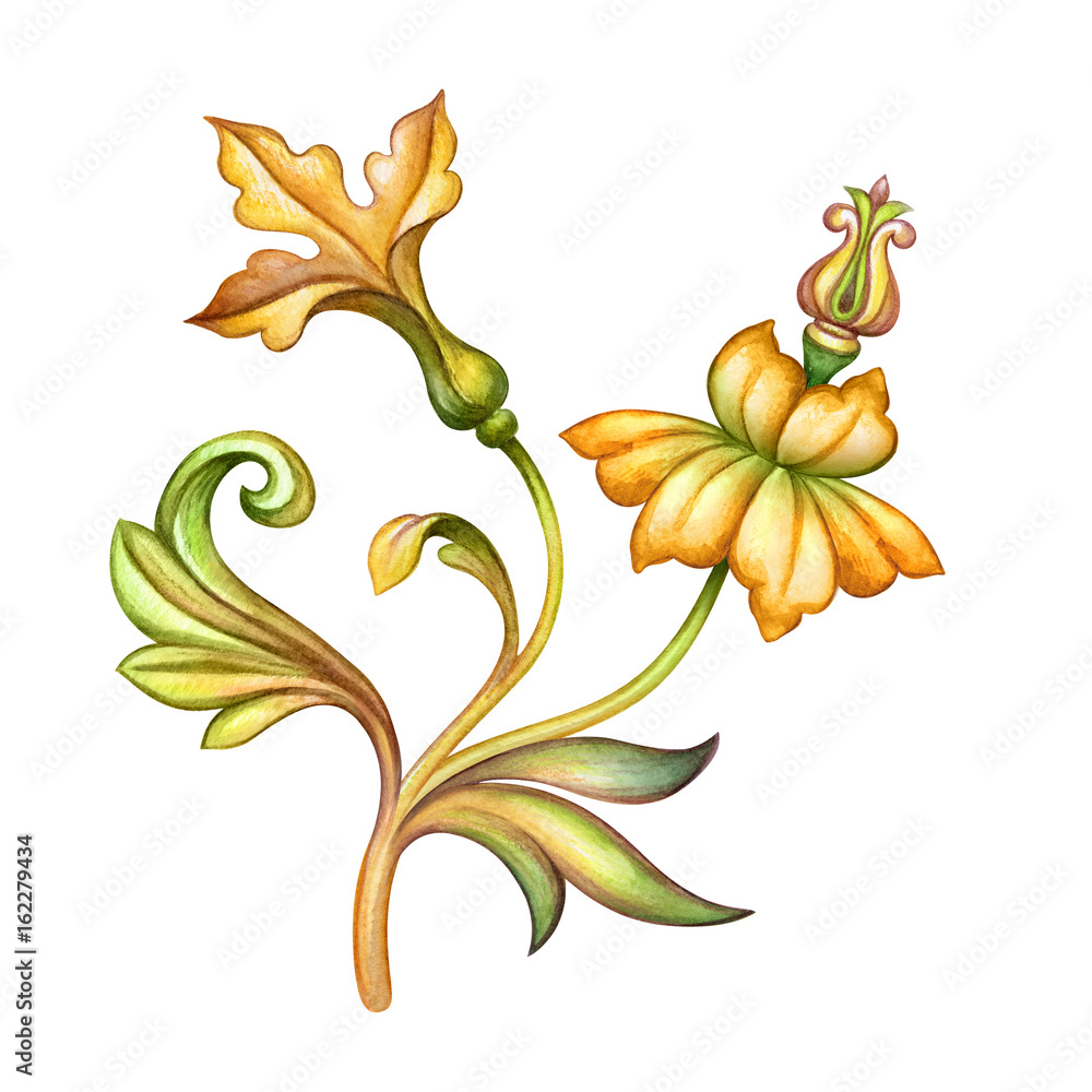 watercolor illustration, yellow flowers, green leaves, antique design ...