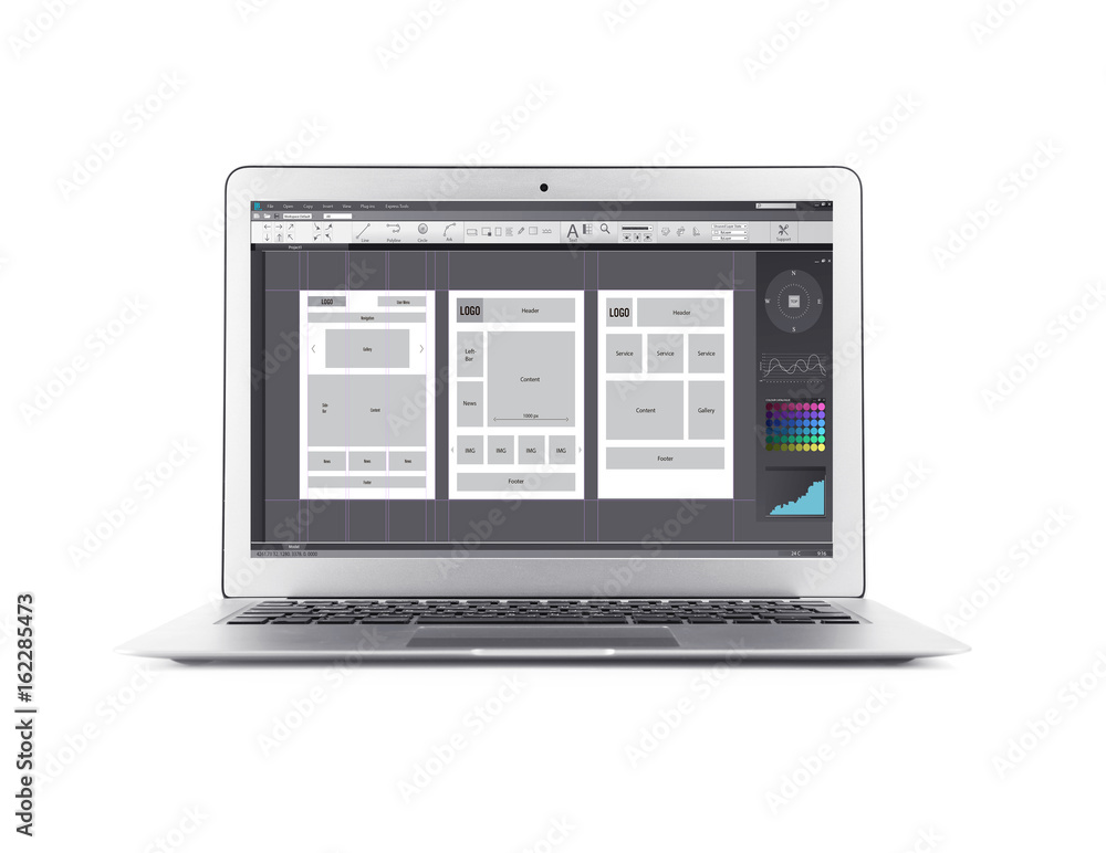 Laptop and interface of program for graphic design on screen, white ...