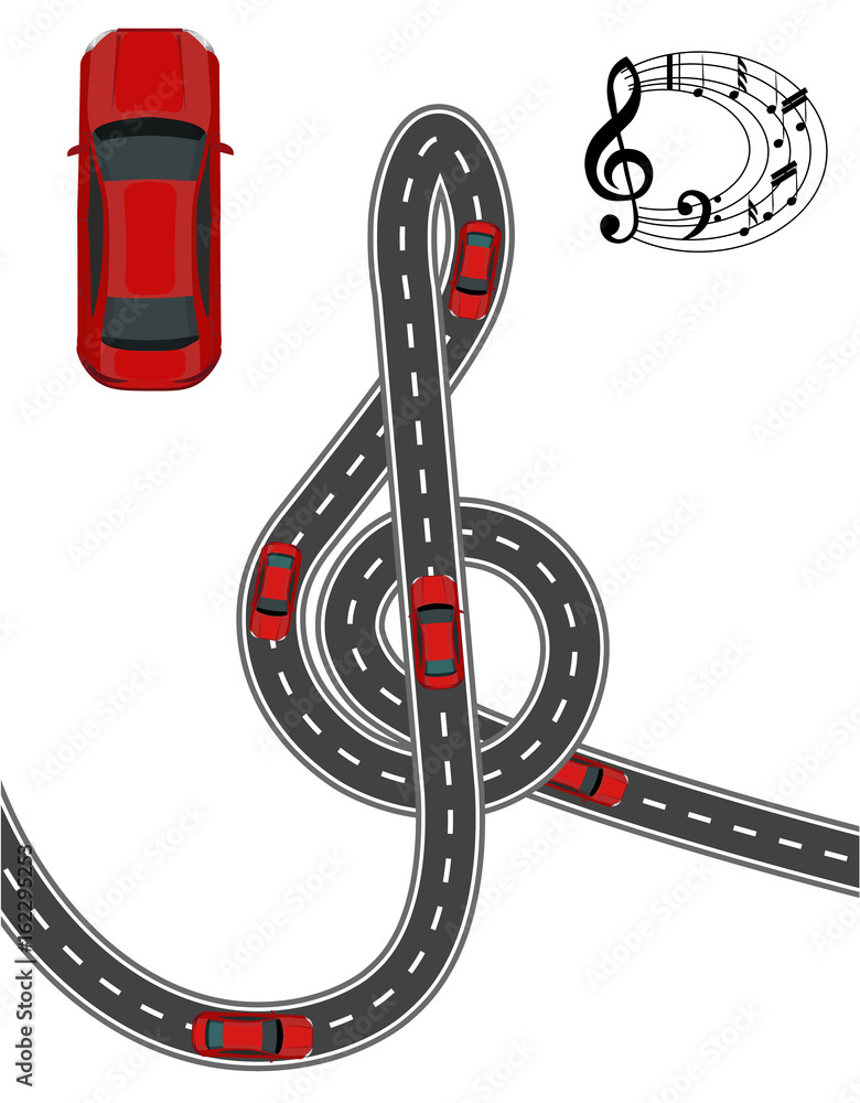 The road is stylized in the form of a treble clef. Red car. Music on ...