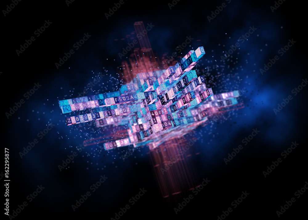Big data concept. Digital cube with program code for machine learning ...
