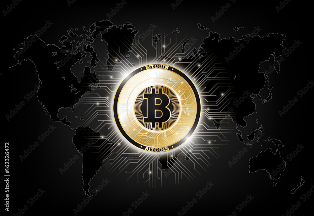 Golden bitcoin digital currency on world map, futuristic digital money ...