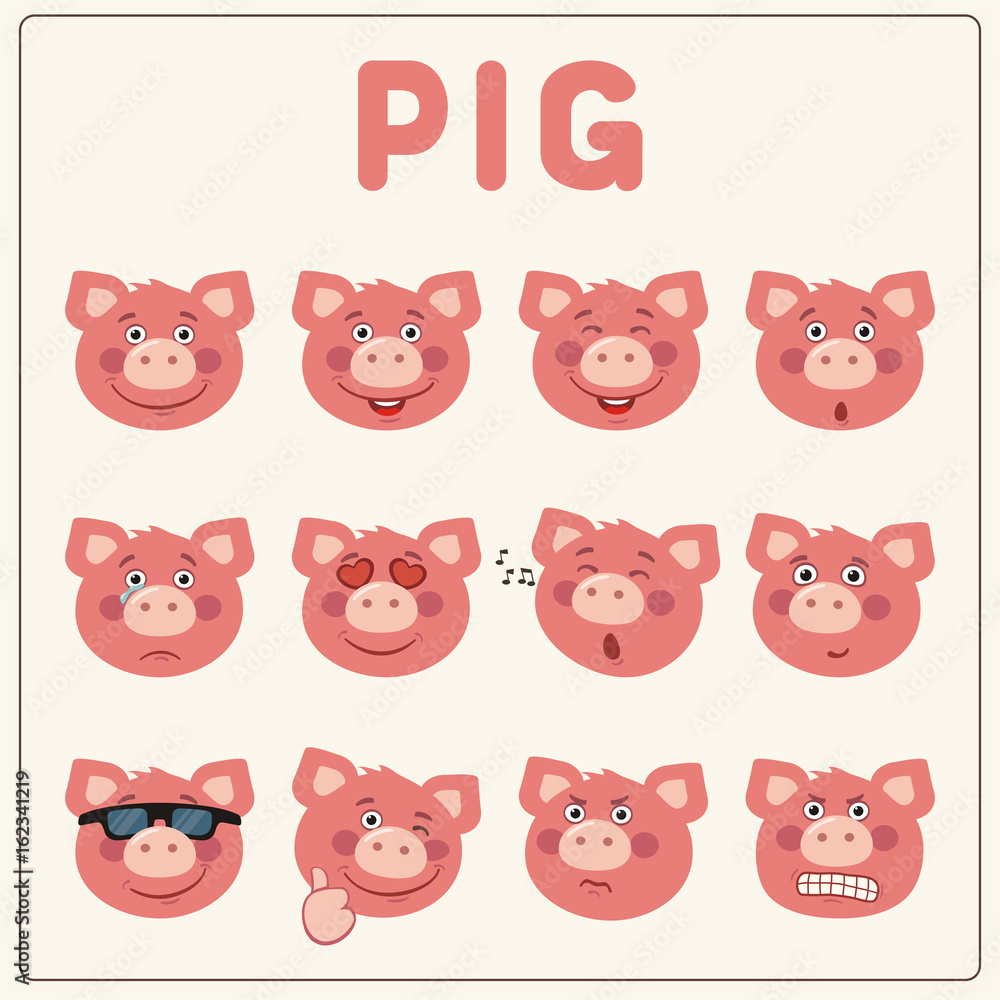 Emoticons set cartoon pig face. Collection isolated funny pig different ...
