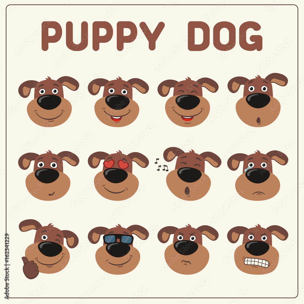 Emoticons set cartoon puppy dog face. Collection isolated funny puppy ...