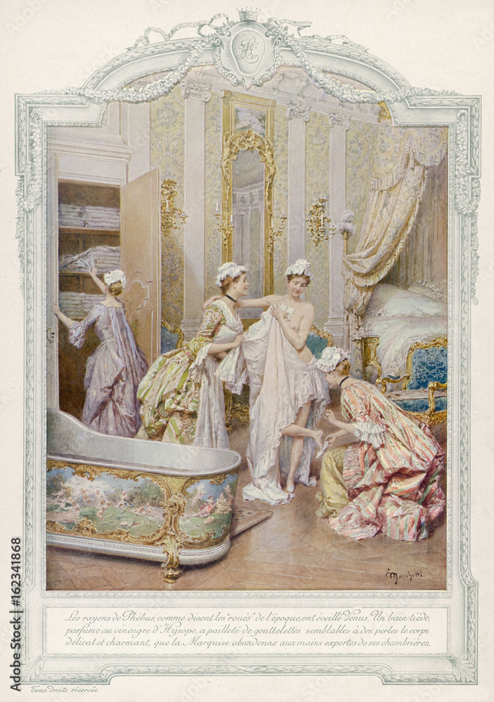 Aristocratic French lady bathing and dressing. Date: 18th century Stock ...