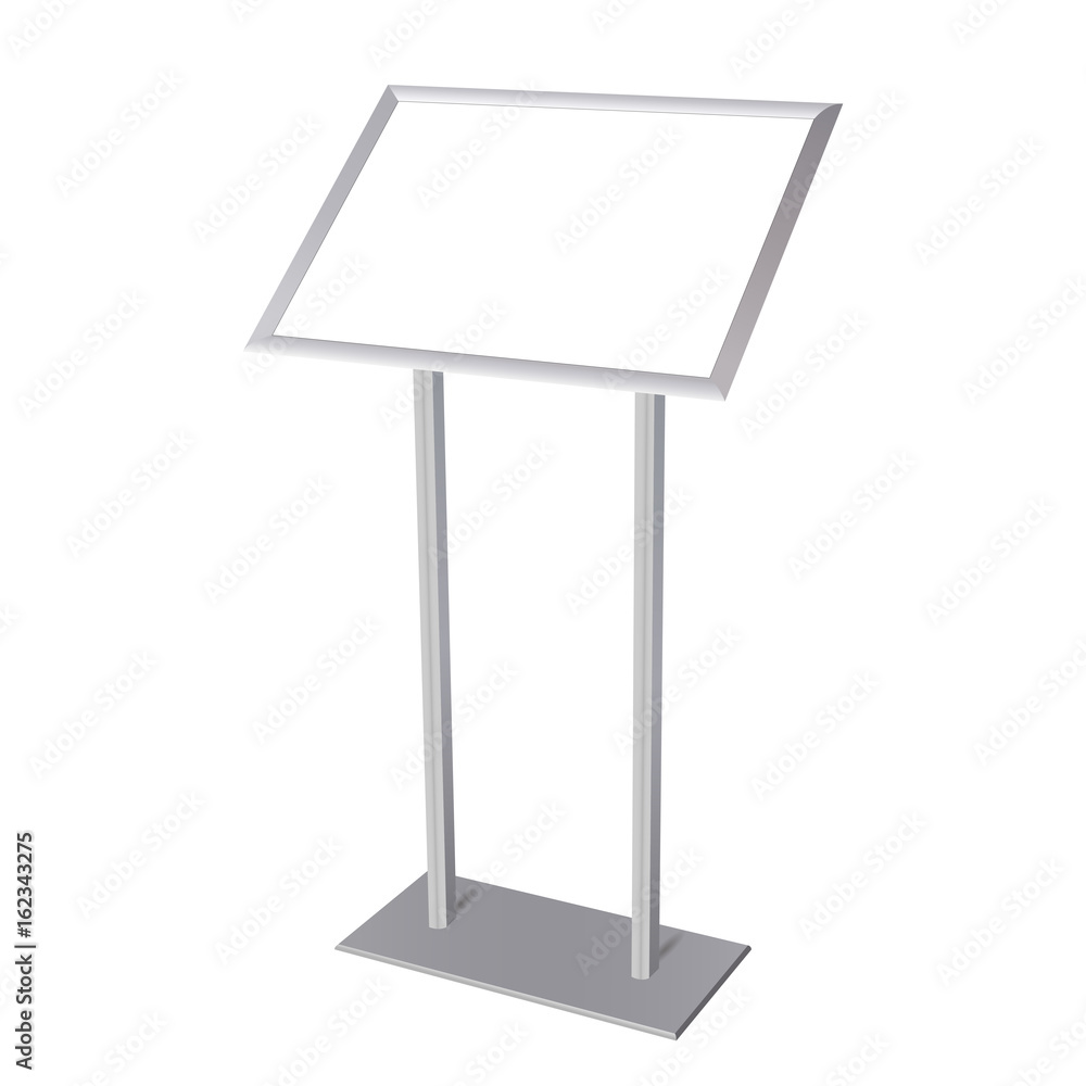 Aluminium poster stand with blank screen isolated on white background ...
