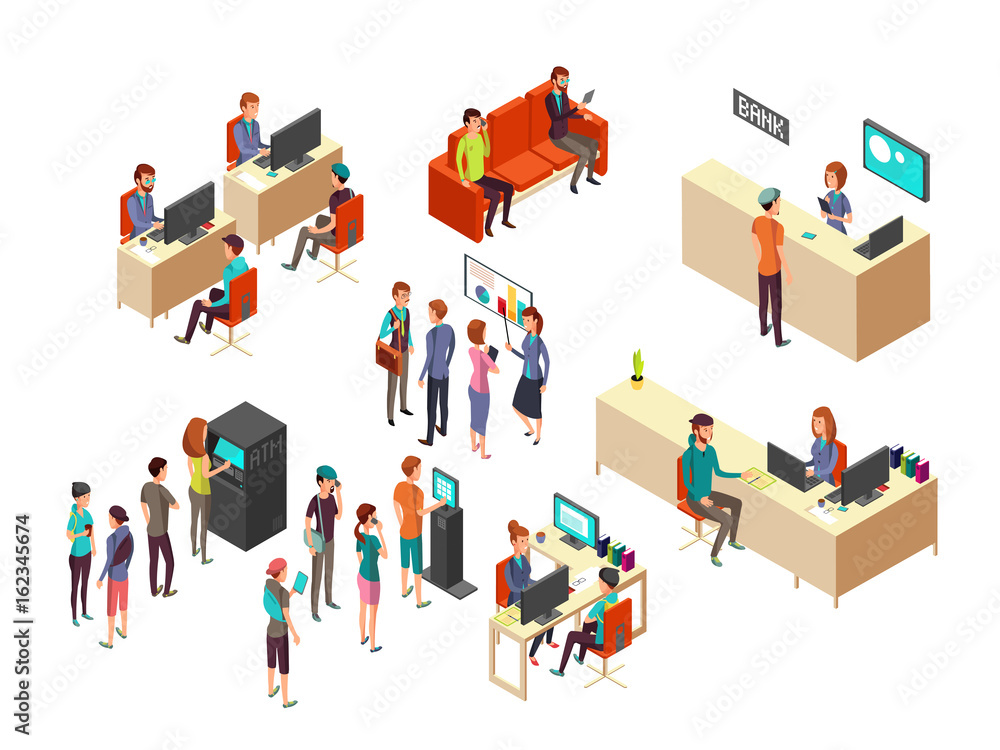 Isometric bank clients and employees for 3d banking services vector ...