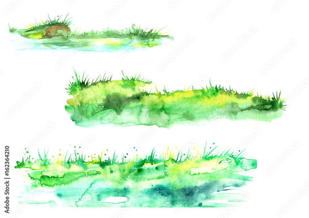 Watercolor set of green grass, landscape on a white background. Vintage ...