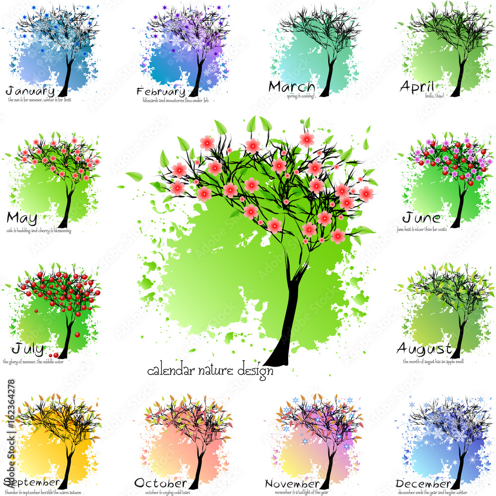 Calendar design with abstract seasonal tree and slogan for all months ...