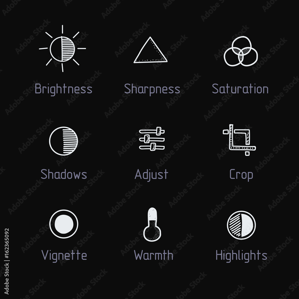 Picture editing icon set. Hand drawn art. Brightness, sharpness ...