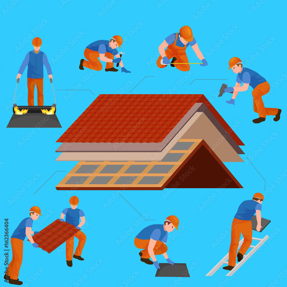 roof construction worker repair home, build structure fixing rooftop ...
