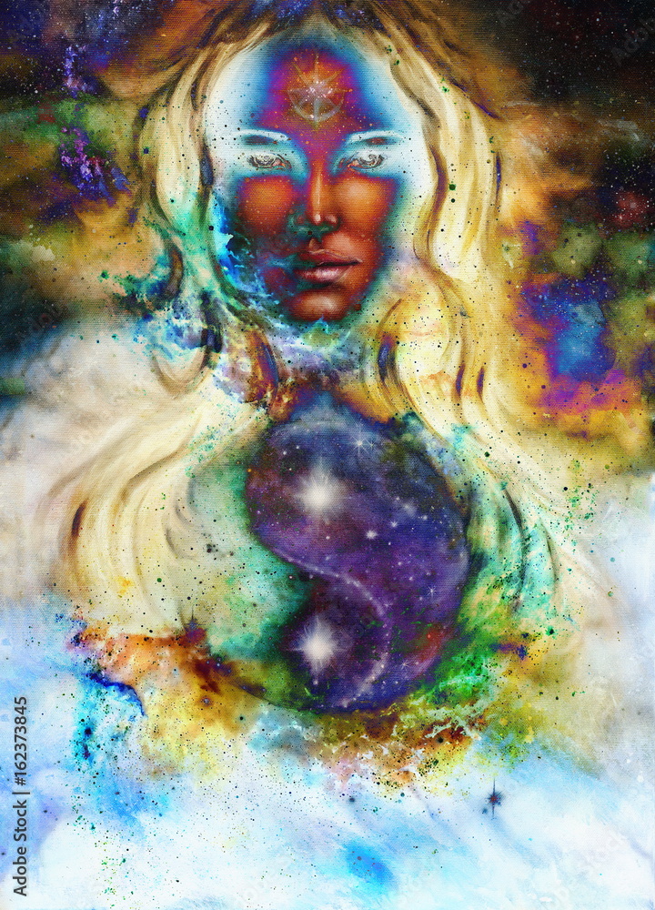 goddess woman and symbol Yin Yang in cosmic space. Stock Illustration ...