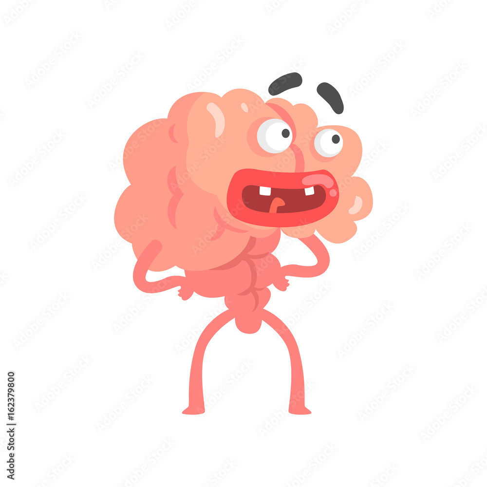 Surprised scared humanized cartoon brain character, intellect human ...