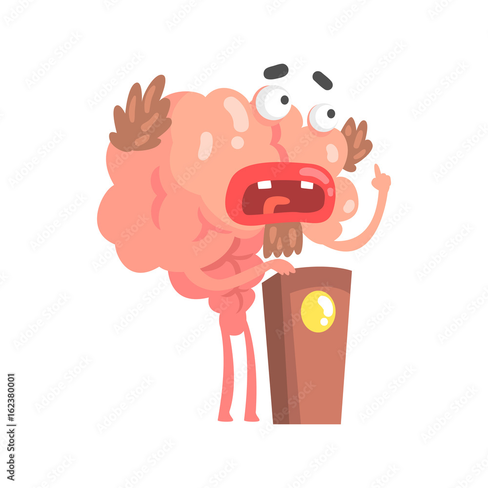 Humanized cartoon brain character speaking from tribune, intellect ...