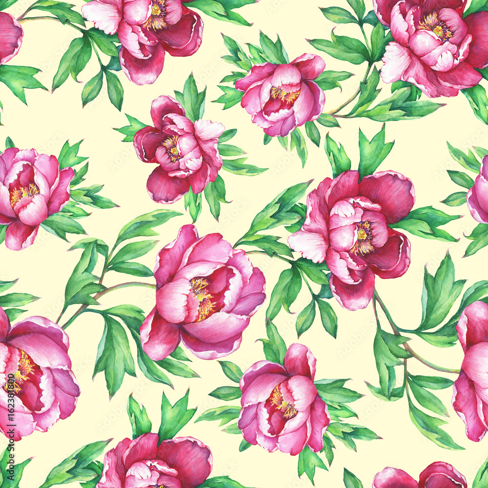 Floral seamless pattern with flowering pink peonies, on yellow ...