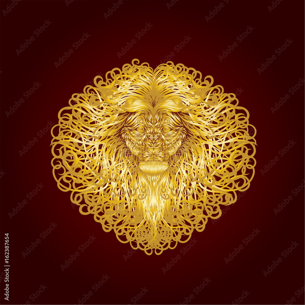 The golden head of a lion, with long curls on a magnificent mane Stock ...
