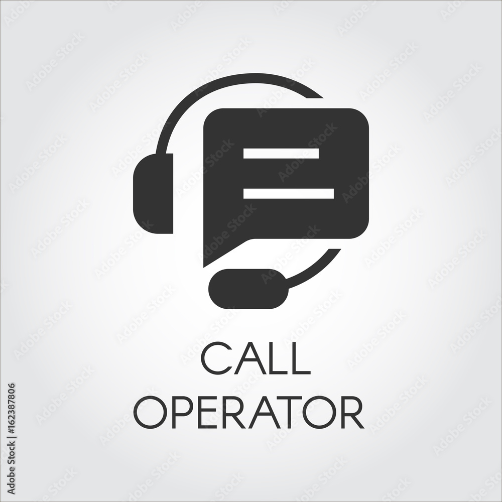 Call center black icon in flat design. Label of headset and quote speech bubble. Support and ...