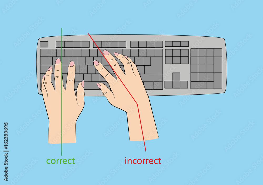 correct and incorrect position of hands to work on the keyboard. vector ...