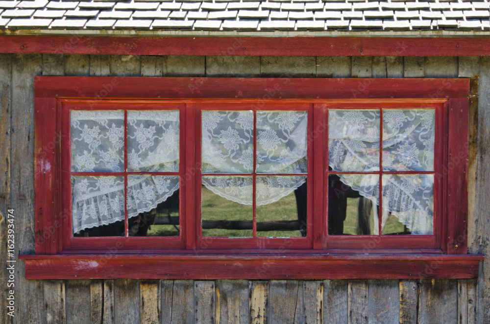 Old Log Cabin Window with Lace Curtains Stock Photo | Adobe Stock