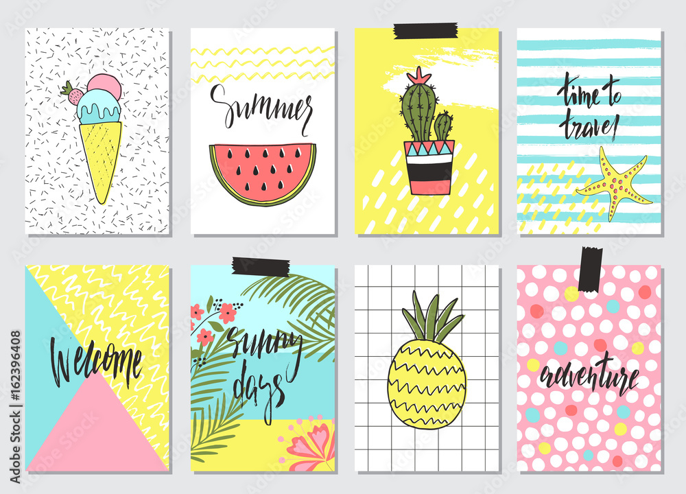 Set of cute hand drawn summer cards, background. Holiday, travel ...