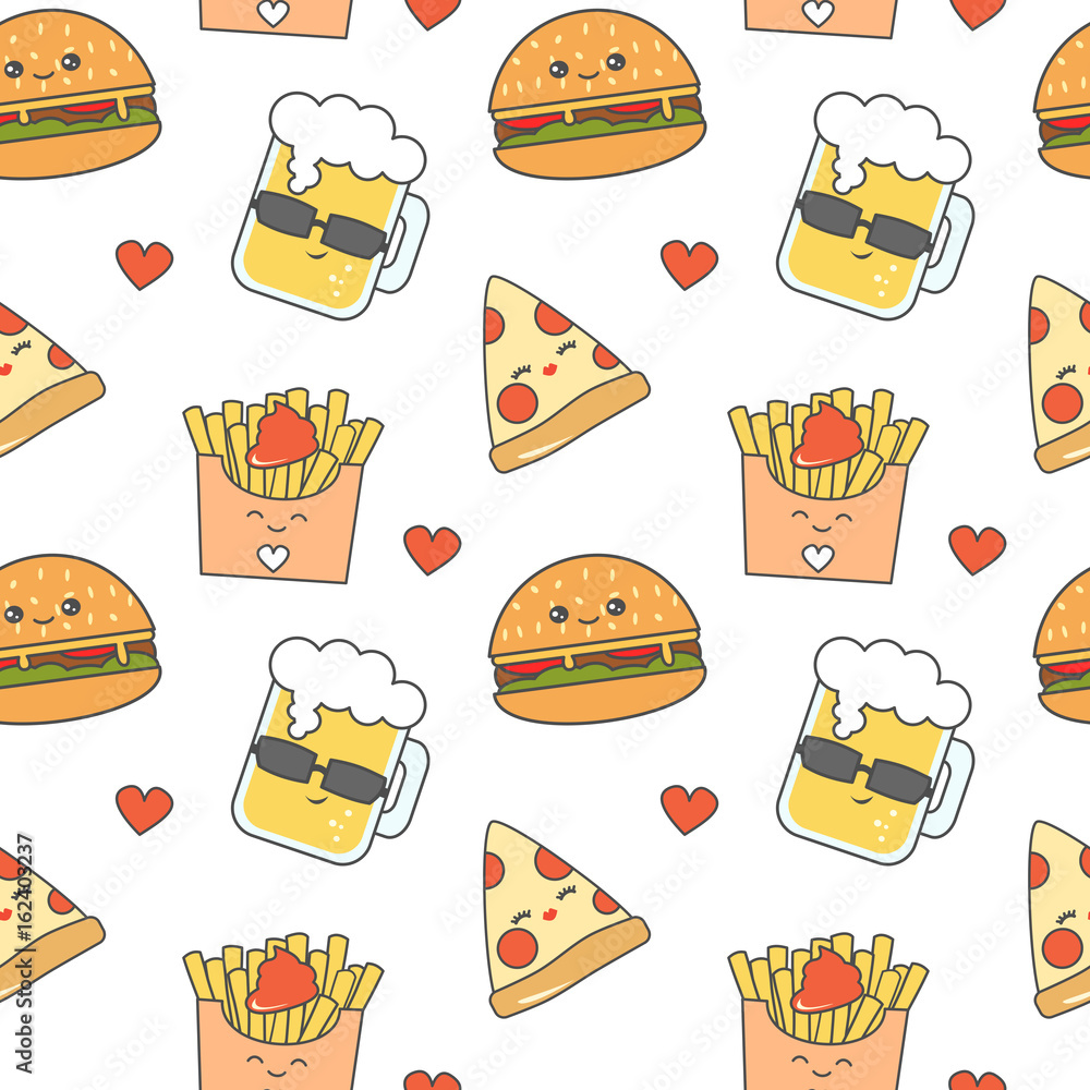 cute cartoon fast food seamless vector pattern background illustration with cheeseburger, pizza ...