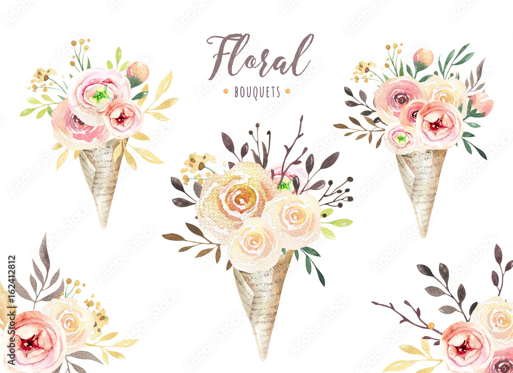 Hand drawing isolated boho watercolor floral illustration with leaves ...