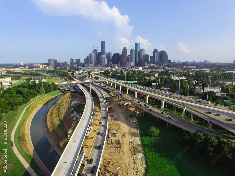 Aerial view downtown and interstate I45 highway with massive ...