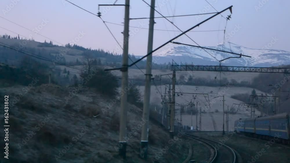 View from a window of a train of scenery landscape on nature with ...